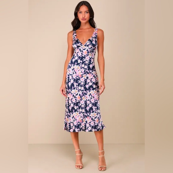 Lulus | Dresses | Lulus Admirable Charmer Navy Blue Floral Satin ...